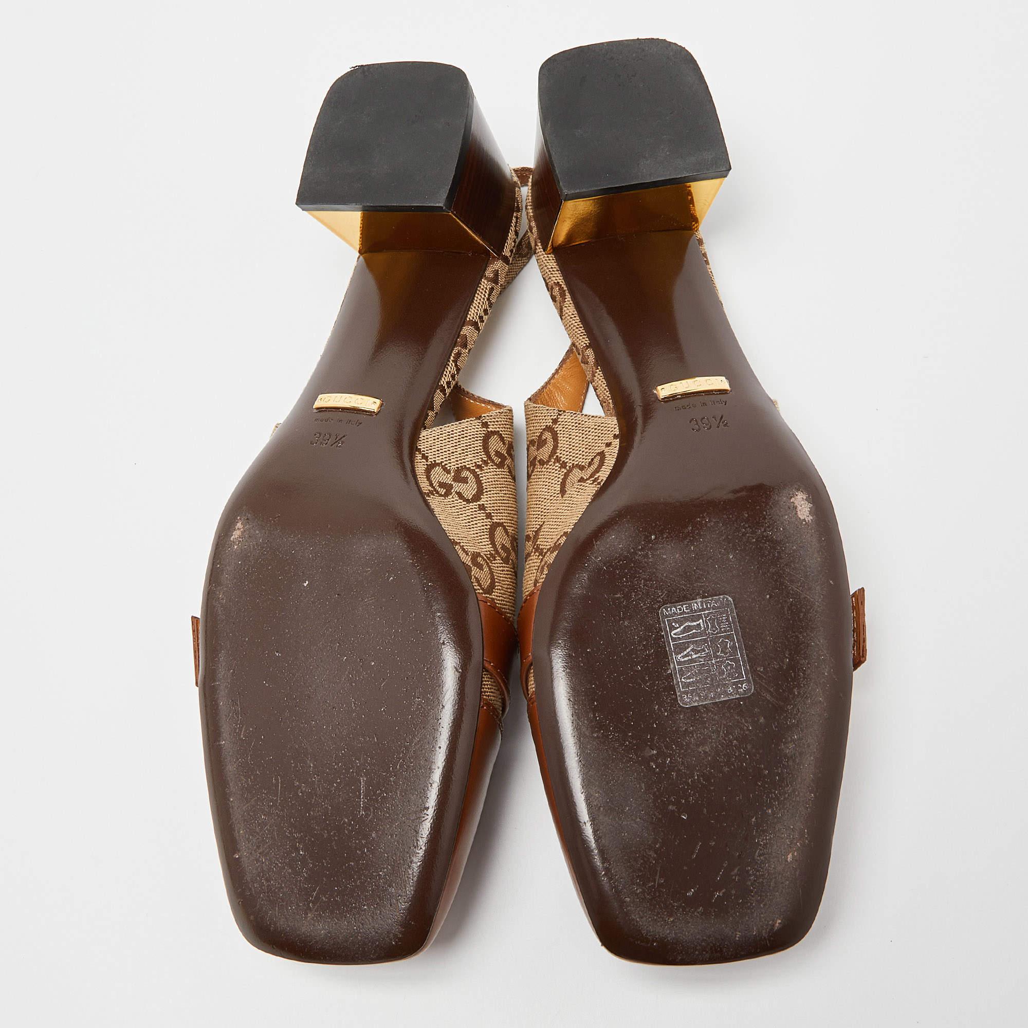 Gucci Beige/Tan GG Canvas and Leather Slingback Block Heel Sandals Size ...