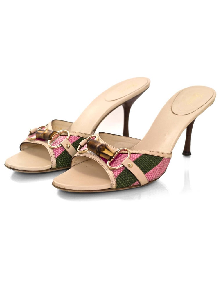 Gucci Beige, Pink and Green Bamboo Horsebit Mules Sz 9.5B For Sale at ...
