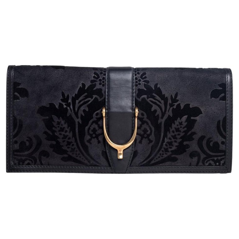 Gucci Black Brocade Suede Stirrup Clutch at 1stDibs