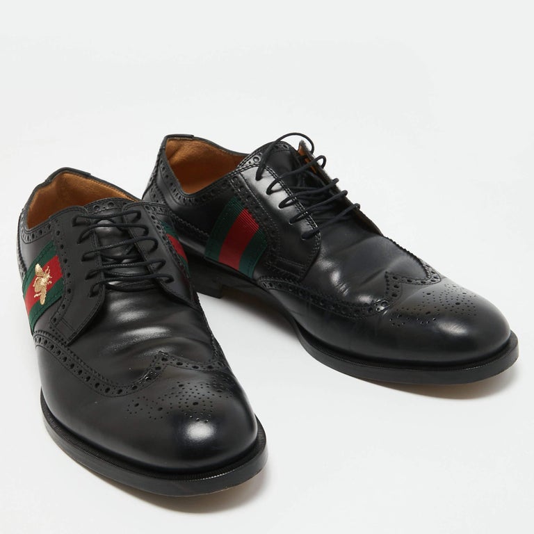 Gucci Black Brogue Leather Bee Web Detail Lace Up Oxfords Size 46.5 For ...
