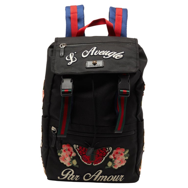 Gucci Black Canvas Embroidered Backpack For Sale at 1stDibs