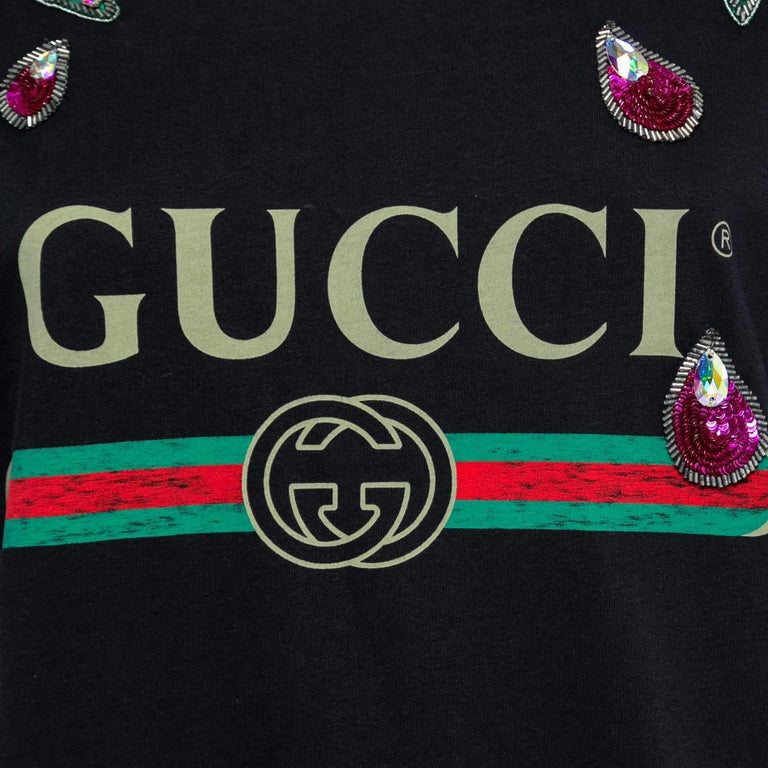 Gucci Black Cotton Logo Print Embellished T-Shirt S For Sale at 1stDibs