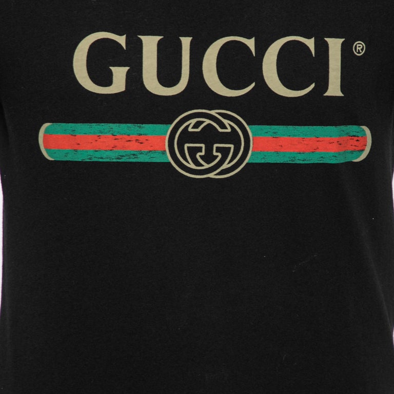 Gucci Black Cotton Logo Printed Crew Neck T-Shirt XS For Sale at 1stDibs