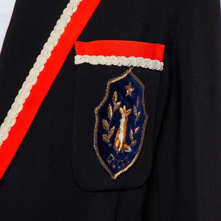 Gucci Black Crepe Fox Badge Contrast Trim Detail Blazer M For Sale at ...