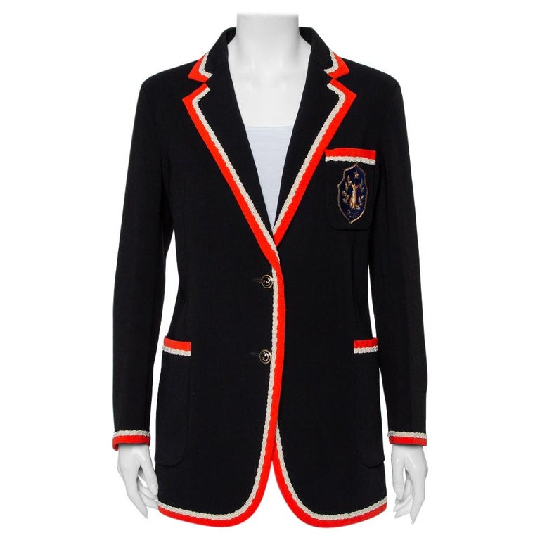 Gucci Black Crepe Fox Badge Contrast Trim Detail Blazer M For Sale at ...