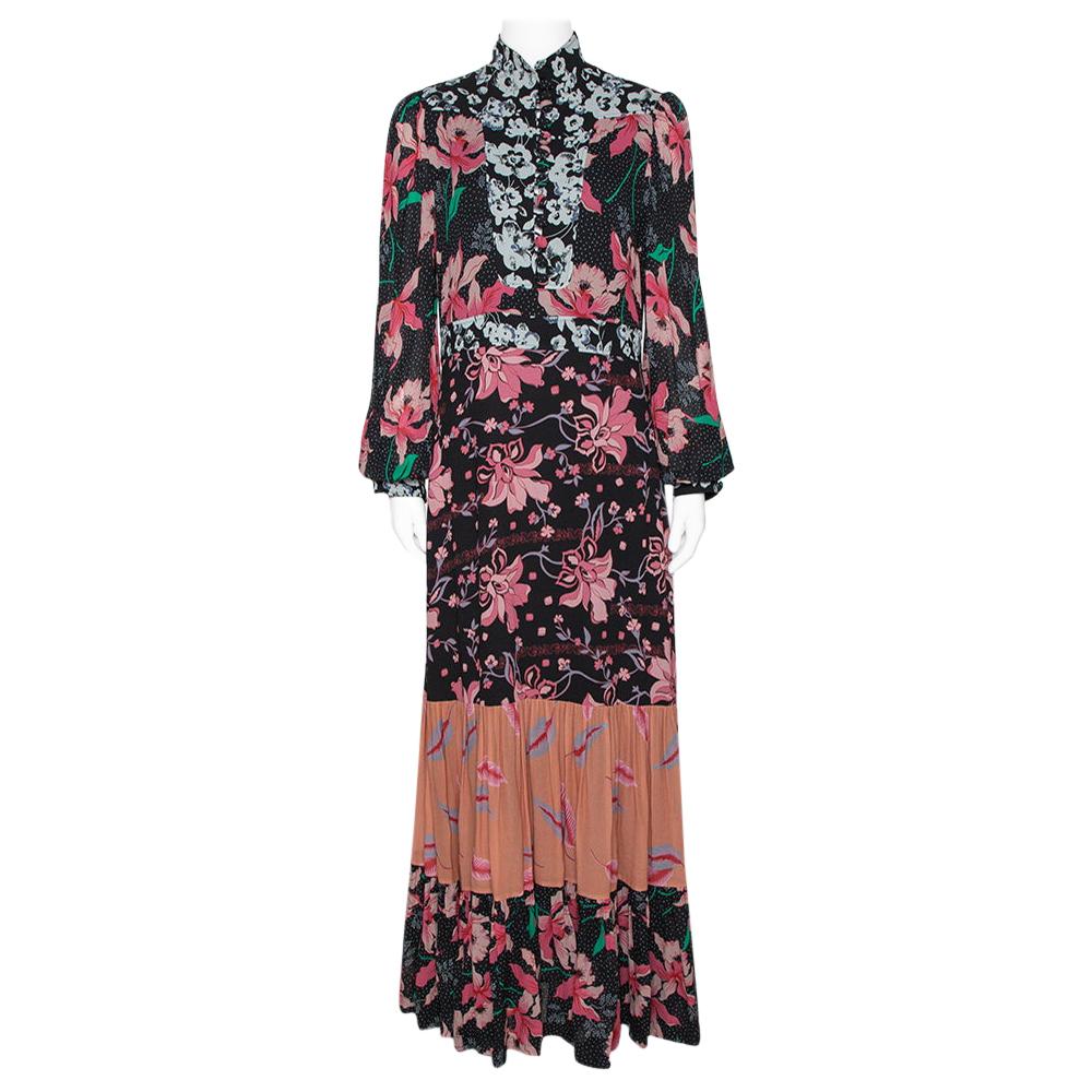 Gucci Black Floral Print Crepe Flared Maxi Dress M at 1stDibs