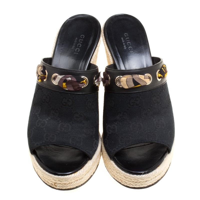 Gucci Black GG Canvas Espadrille Wedge Peep Toe Slides Size 37 For Sale ...