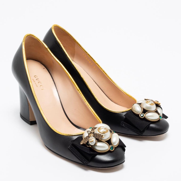 Gucci Black/Gold Leather Bee Pearl Embellished Block Heel Pumps Size 36 ...