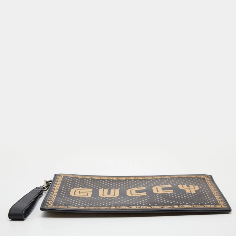 Gucci Black/Gold Leather 'Guccy' Zip Wristlet Clutch For Sale at 1stDibs