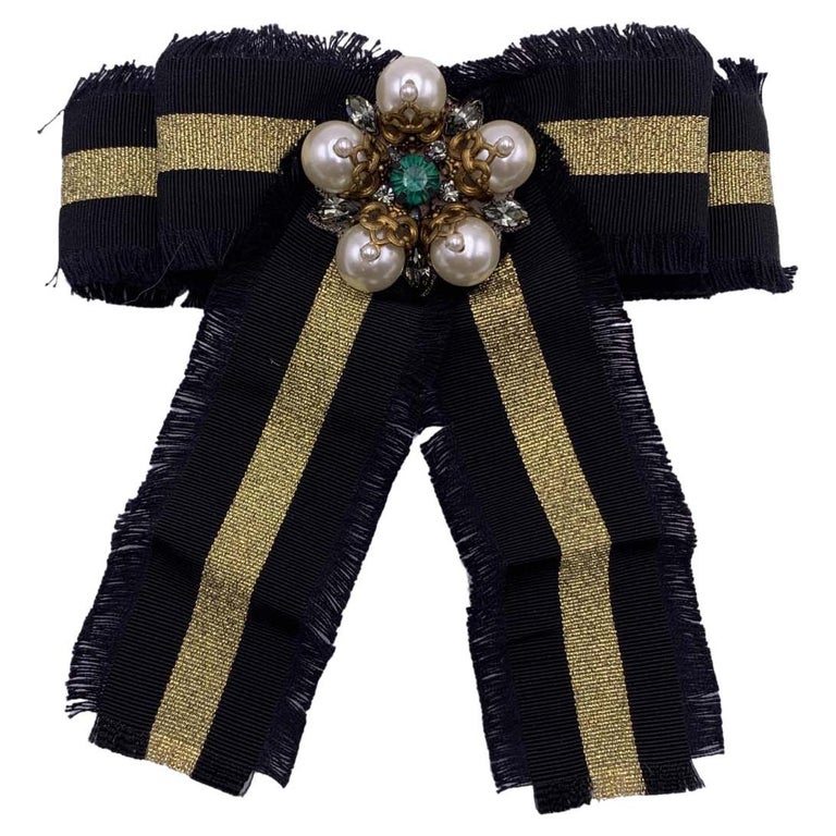 Gucci Black Grosgrain Bow Brooch Pin with Pearls and Crystals at 1stDibs
