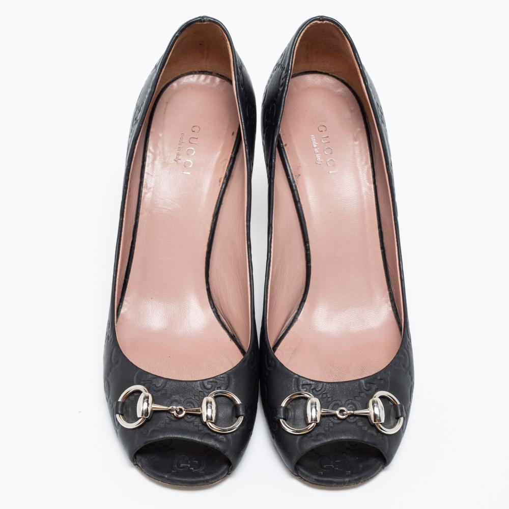 Gucci Black Guccissima Leather Horsebit Peep-Toe Pumps Size 38.5 For ...