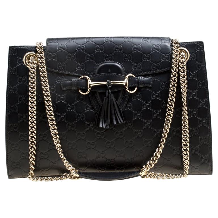 Gucci Black Guccissima Leather Large Emily Chain Shoulder Bag For Sale
