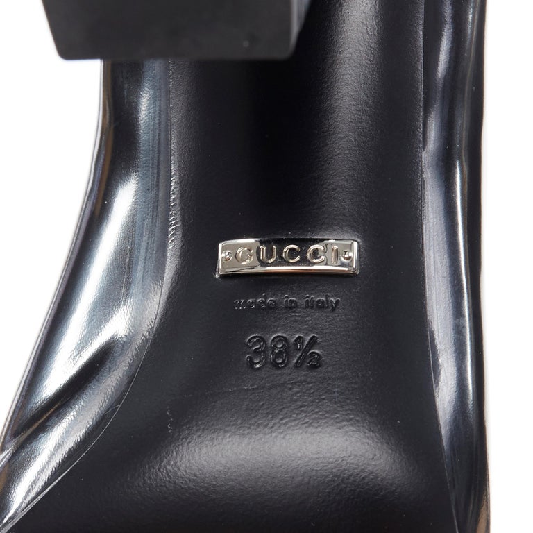GUCCI black high shine polished silver horsebit square toe chunky heel ...