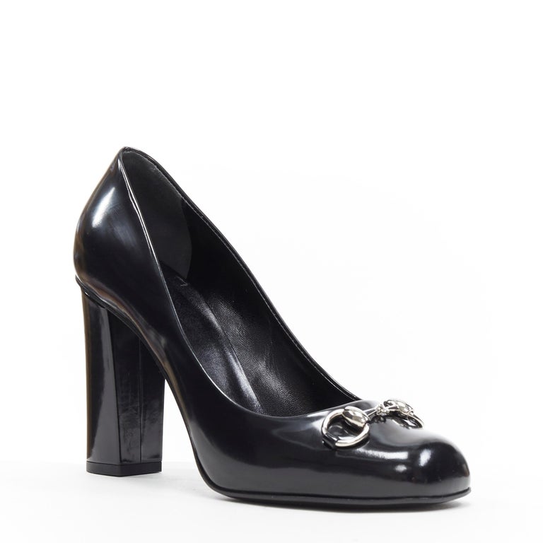 GUCCI black high shine polished silver horsebit square toe chunky heel ...