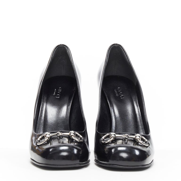 GUCCI black high shine polished silver horsebit square toe chunky heel ...