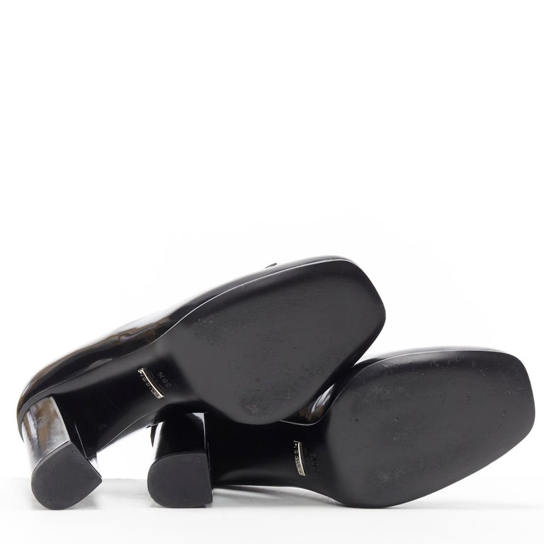 GUCCI black high shine polished silver horsebit square toe chunky heel ...
