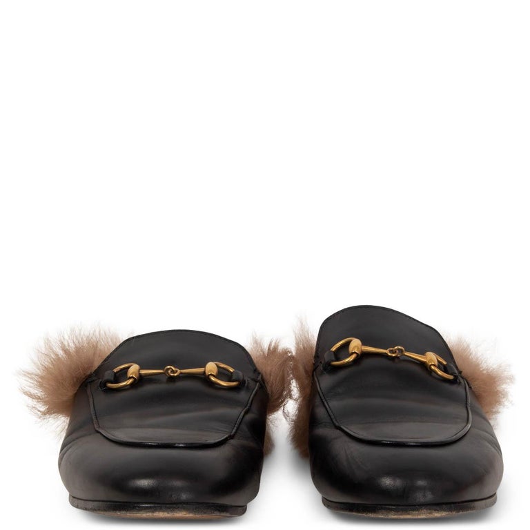 GUCCI black leather 2015 RE-EDITION FUR PRINCETOWN Slippers Flats Shoes ...
