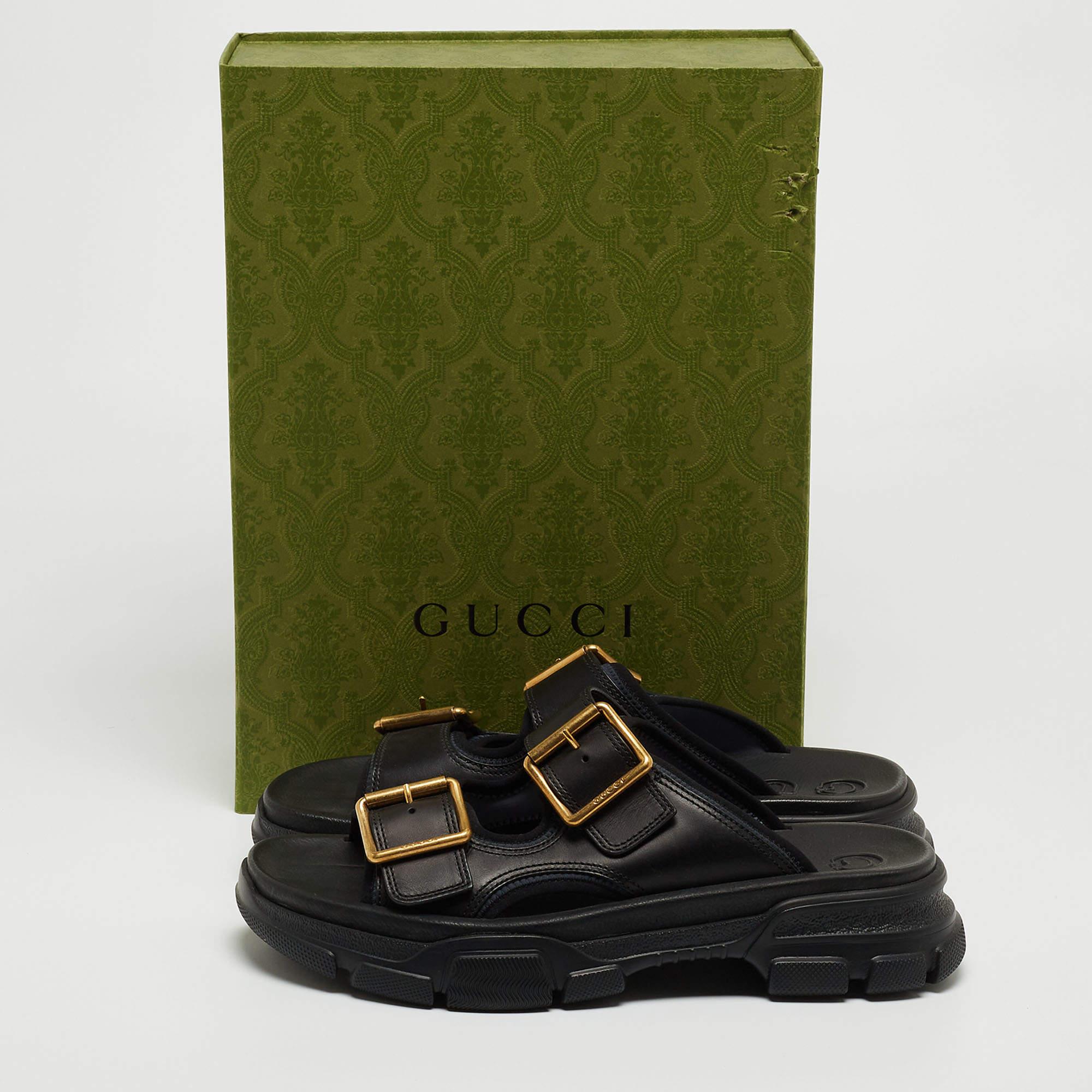 Gucci Black Leather Aguru Double Buckle Flat Sandals Size 43.5 For Sale ...