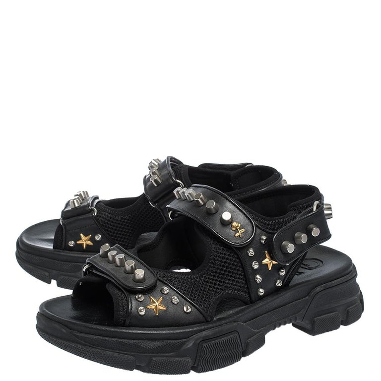 Gucci Black Leather And Mesh Aguru Studded Platform Sandals Size 41 at ...