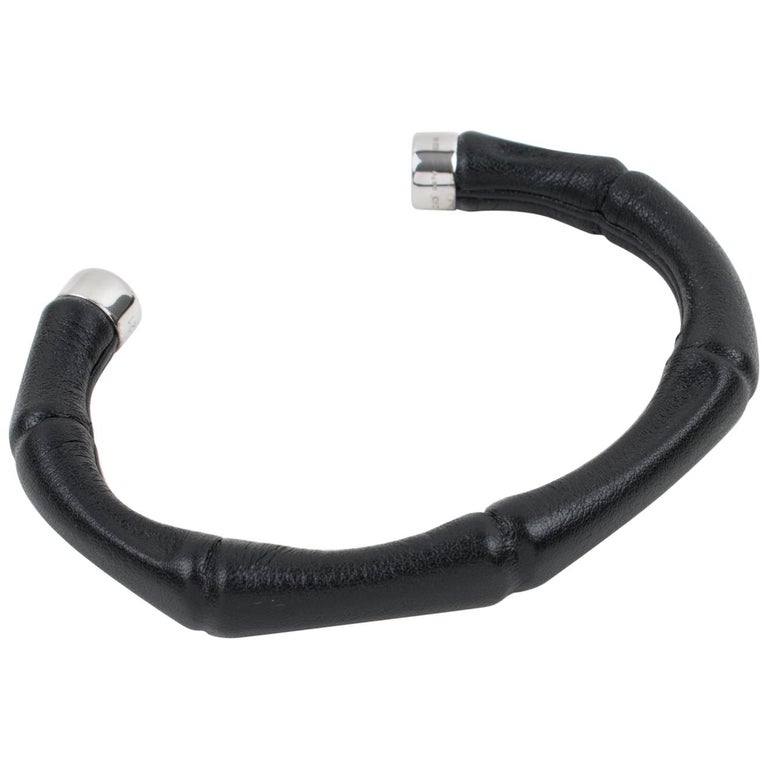 Gucci Black Leather and Sterling Silver Bamboo Cuff Bracelet at 1stDibs