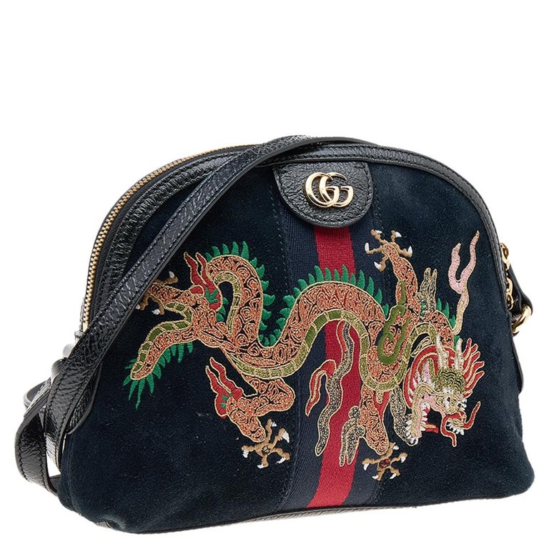 Gucci Black Leather And Suede Small Ophidia Dragon Embroidered Shoulder ...