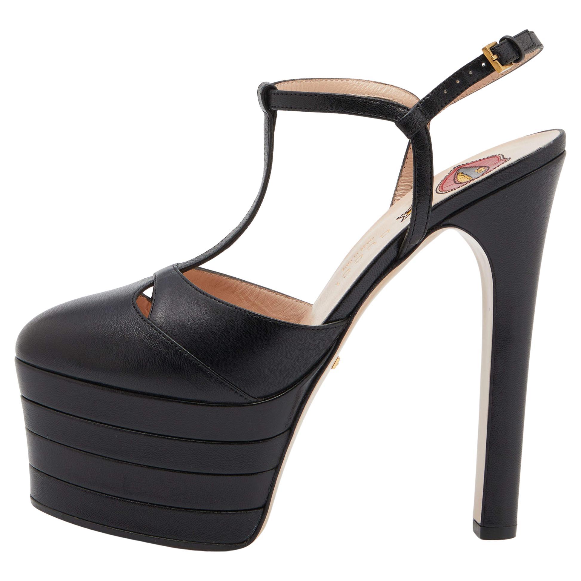 Gucci Black Leather Angel Platforms T-Strap Sandals Size 37.5 For Sale ...