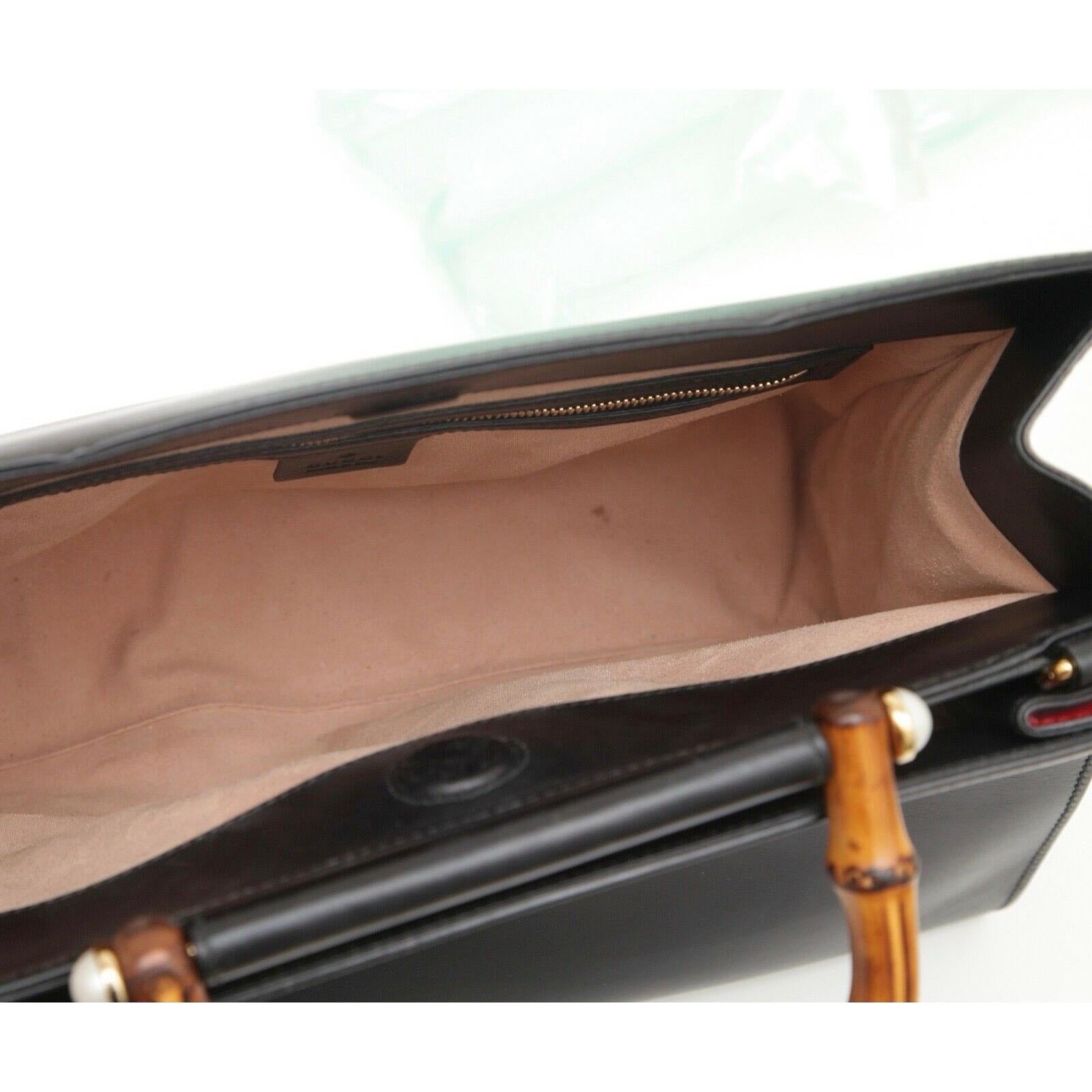 GUCCI Black Leather Bag Tote Bamboo Top Handle Web Shoulder Strap For ...