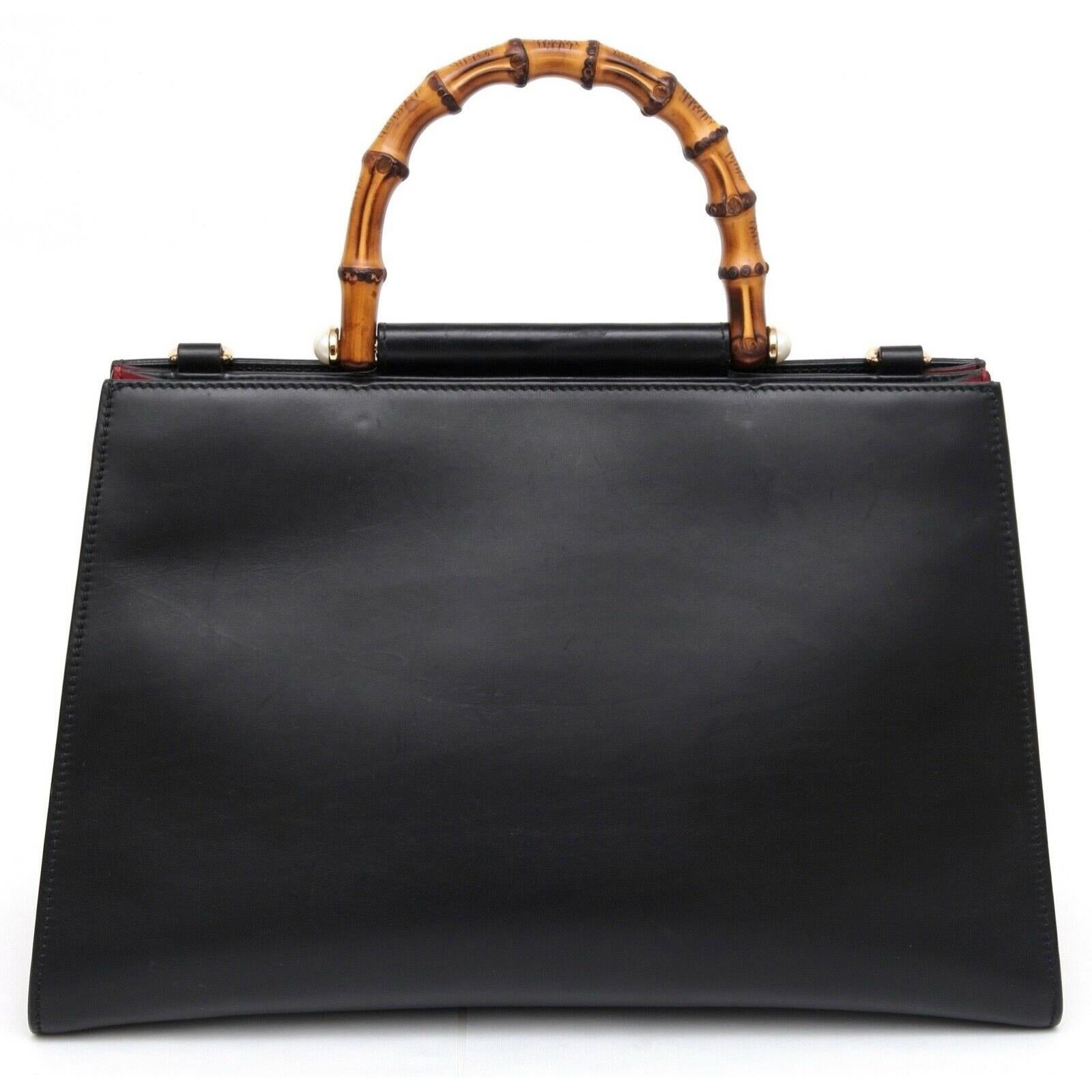 GUCCI Black Leather Bag Tote Bamboo Top Handle Web Shoulder Strap For ...