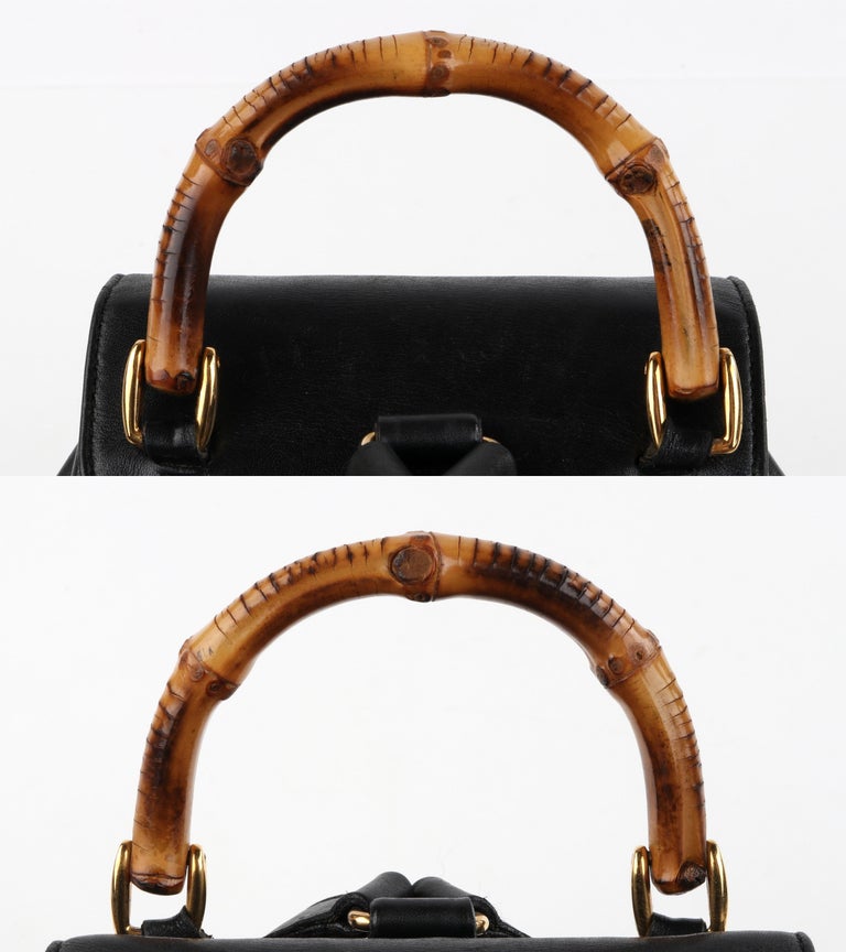 GUCCI Black Leather Bamboo Handle Mini Drawstring Backpack Handbag ...