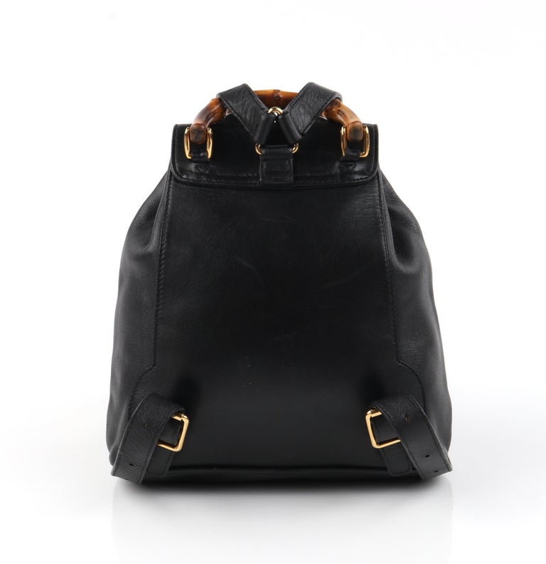 GUCCI Black Leather Bamboo Handle Mini Drawstring Backpack Handbag ...