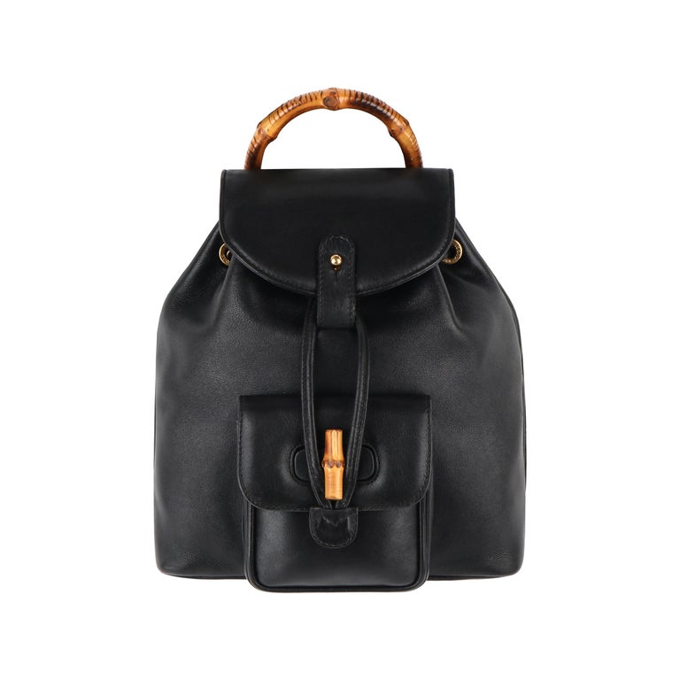 GUCCI Black Leather Bamboo Handle Mini Drawstring Backpack Handbag ...