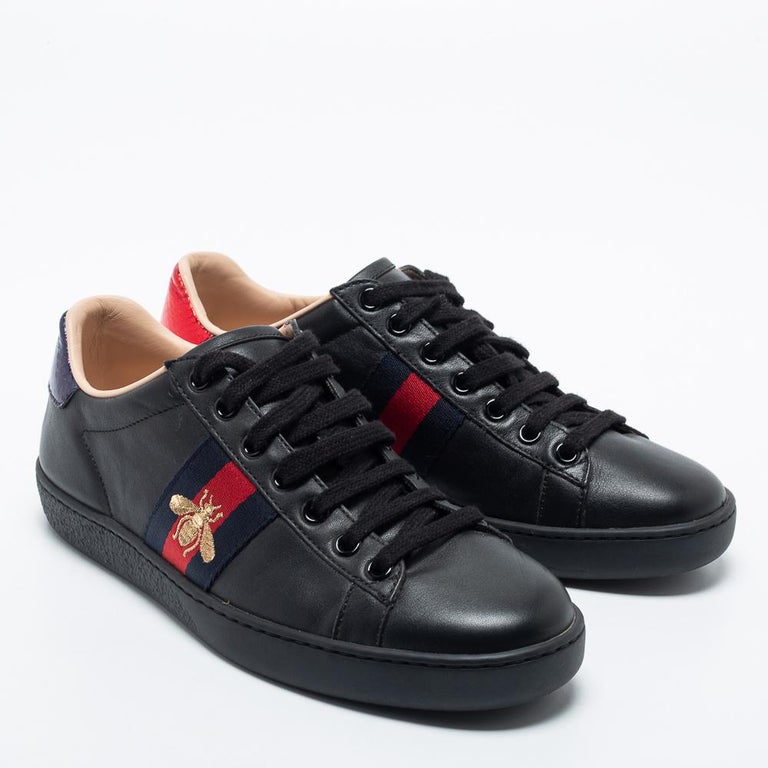 Gucci Black Leather Bee Embroidered Ace Low Top Sneakers Size 35.5 For ...