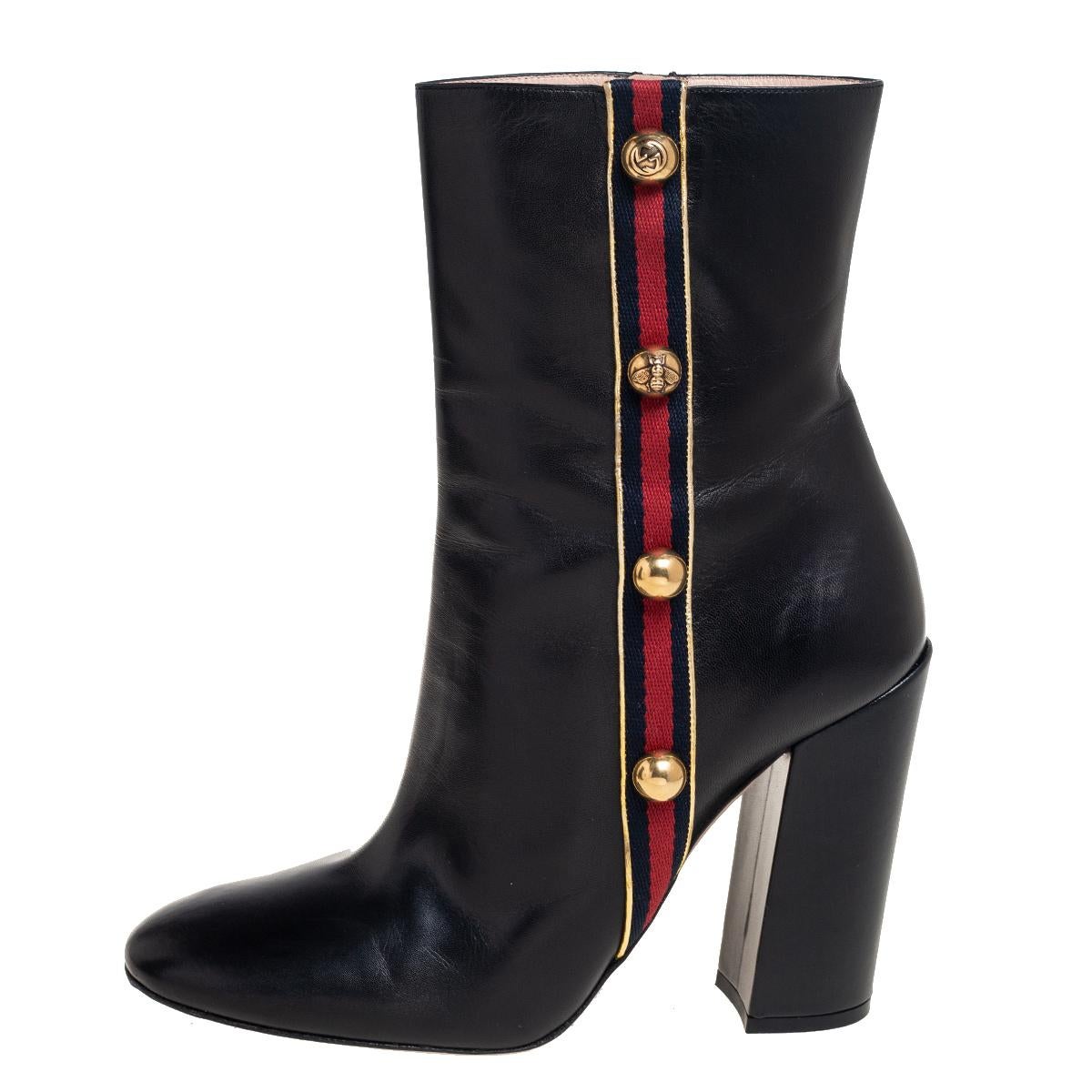 Gucci Black Leather Embellished Web Detail Ankle Length Boots Size 41 ...