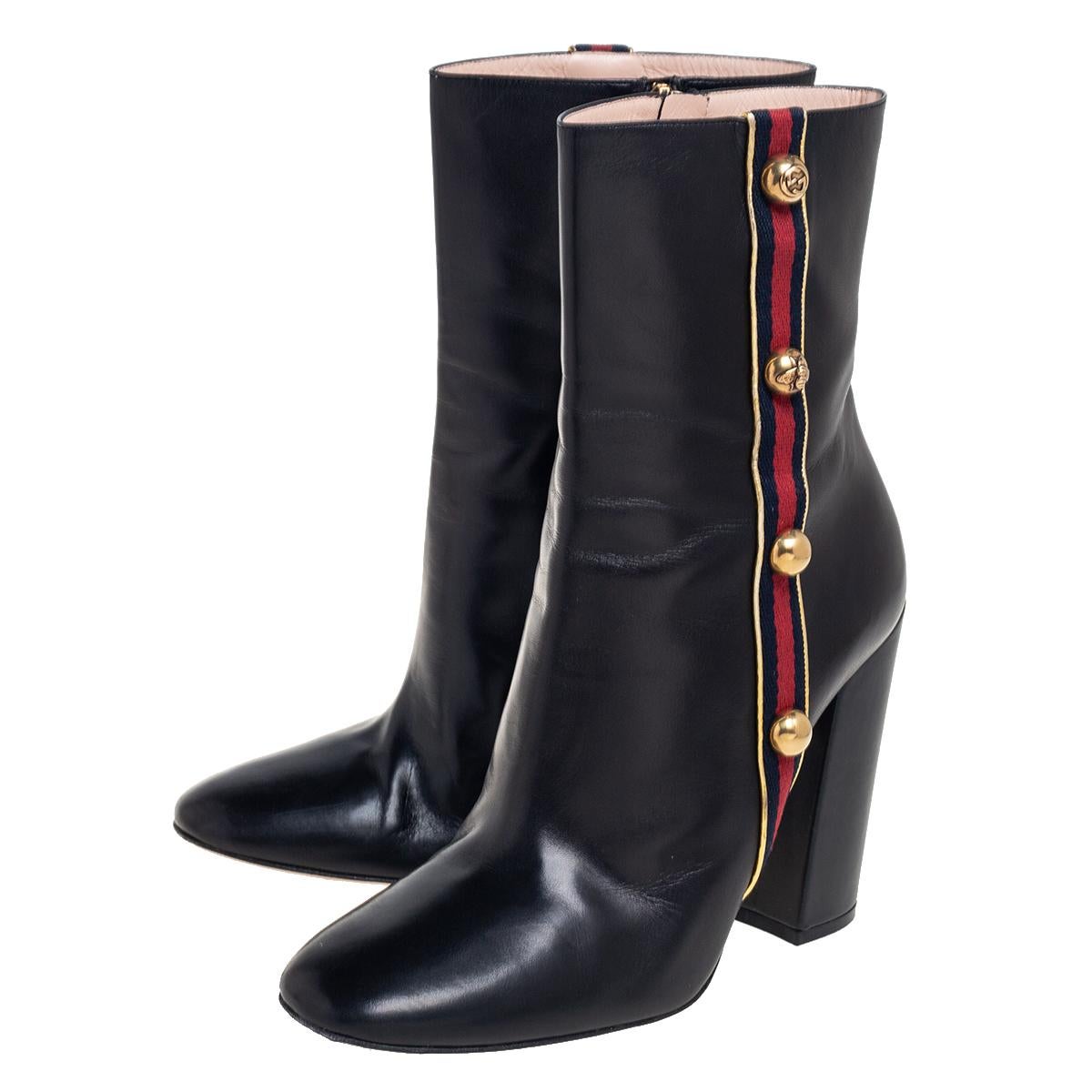 Gucci Black Leather Embellished Web Detail Ankle Length Boots Size 41 ...