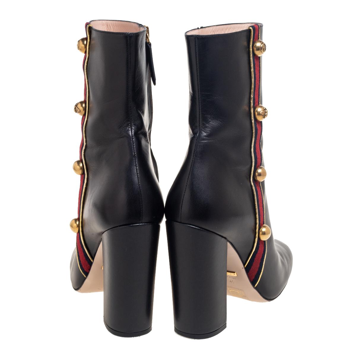 Gucci Black Leather Embellished Web Detail Ankle Length Boots Size 41 ...