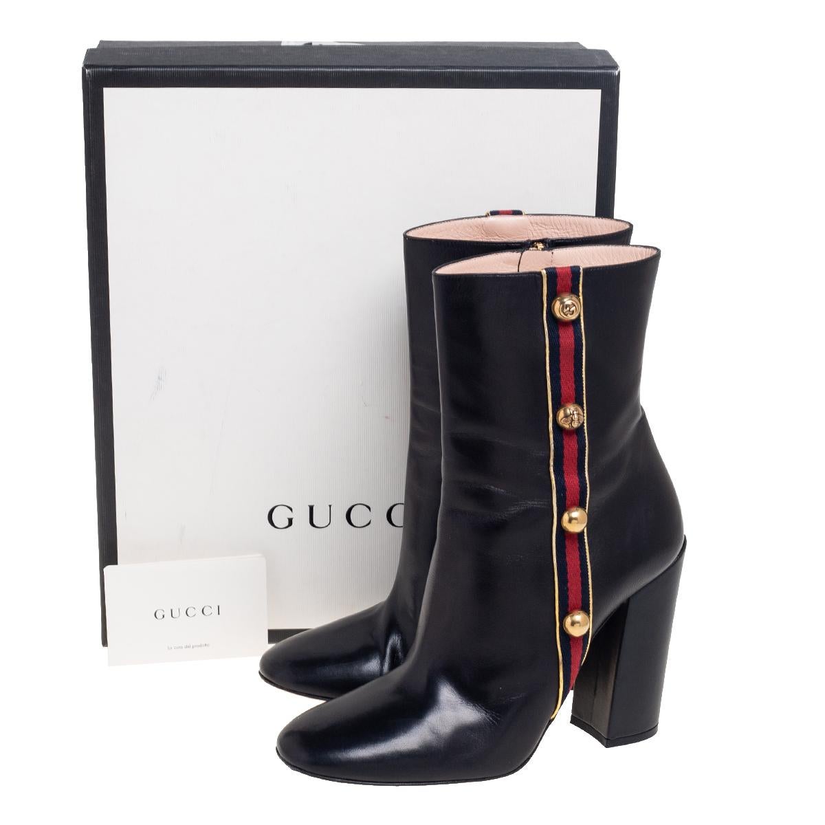 Gucci Black Leather Embellished Web Detail Ankle Length Boots Size 41 ...