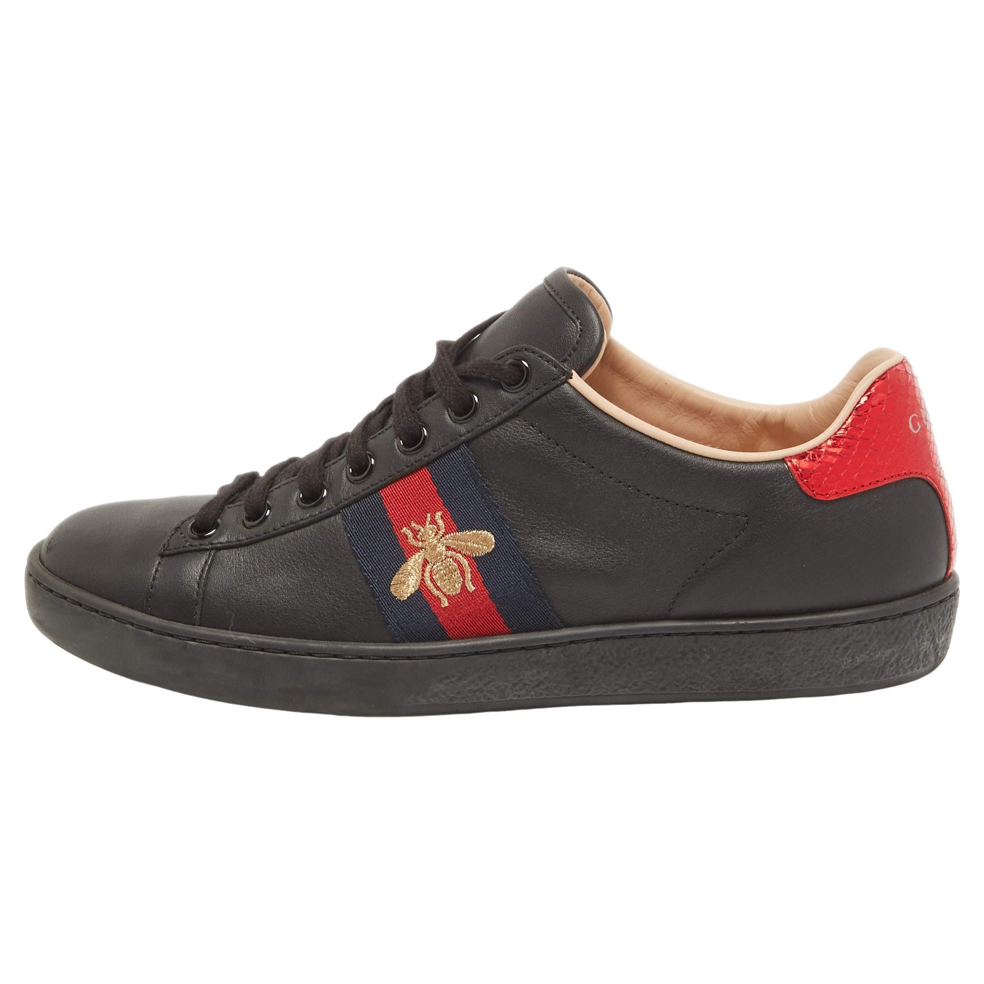 Gucci Black Leather Embroidered Bee Ace Sneakers Size 37 For Sale at ...