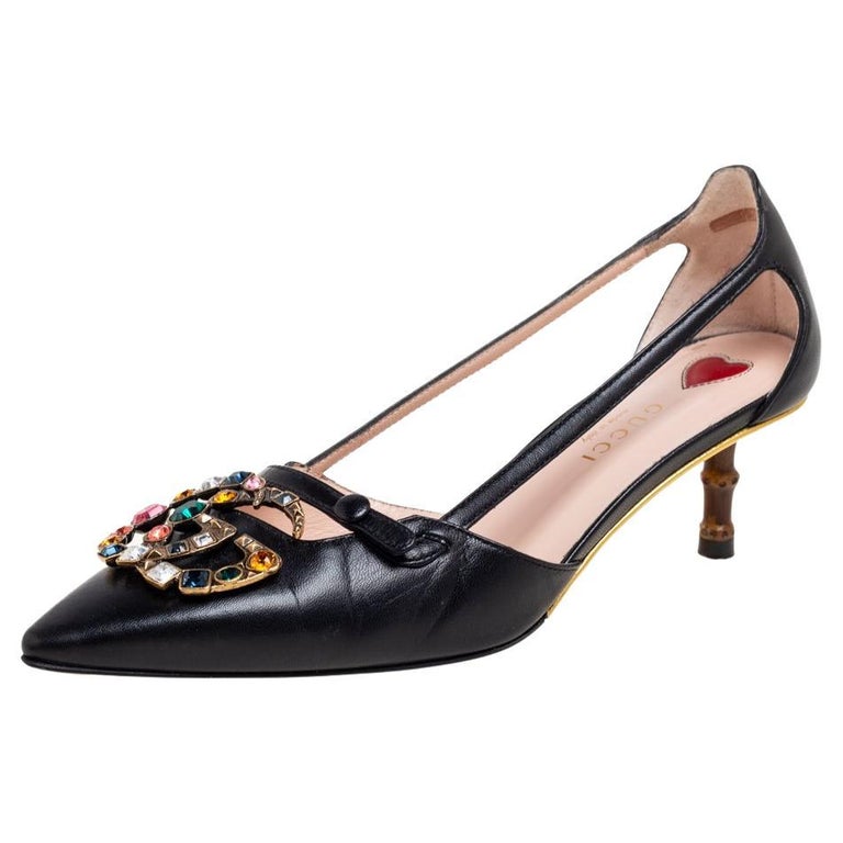 Gucci - Escarpins unisexe en cuir noir GG Crystal Bamboo à talons ...
