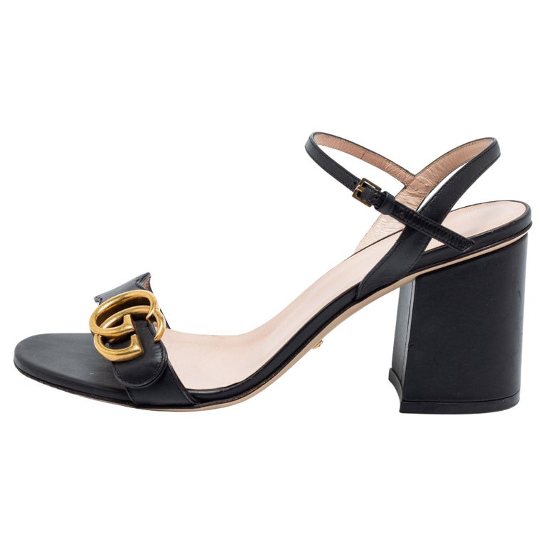 Gucci Black Leather GG Marmont Block Heel Ankle Strap Sandals Size 37 ...