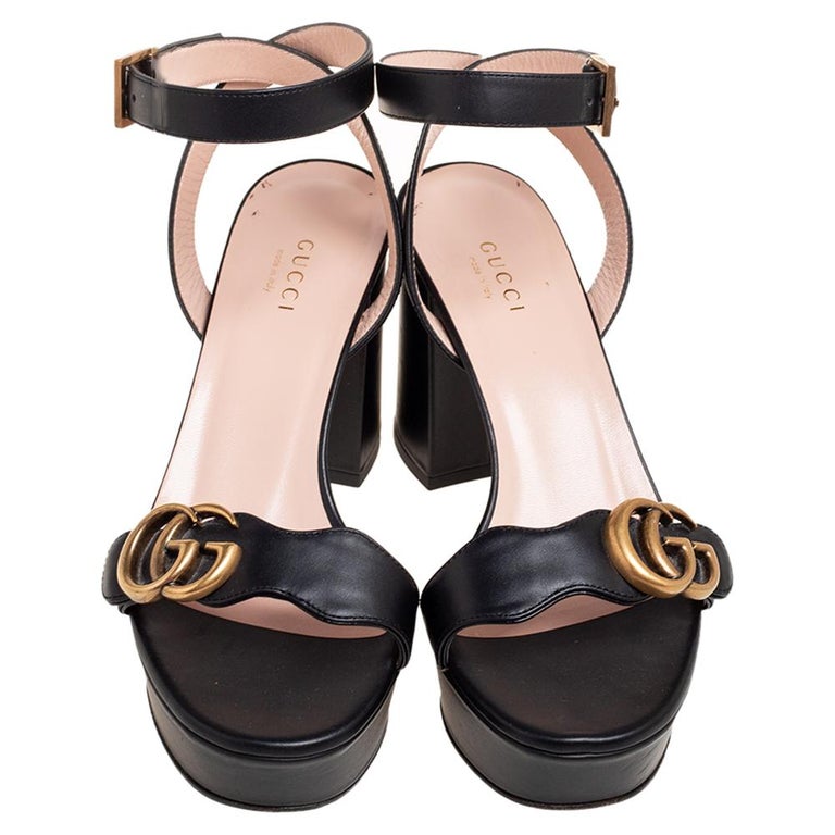 Gucci Black Leather GG Marmont Platform Ankle Strap Sandals Size 36.5 ...