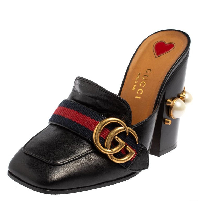 Gucci Black Leather GG Pearl Embellished Web Detail Loafer Mule Sandals ...