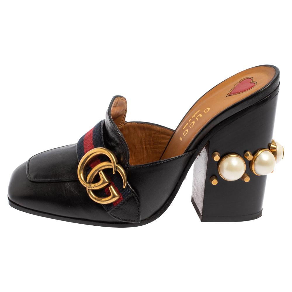 Gucci Black Leather GG Pearl Embellished Web Detail Loafer Mule Sandals ...