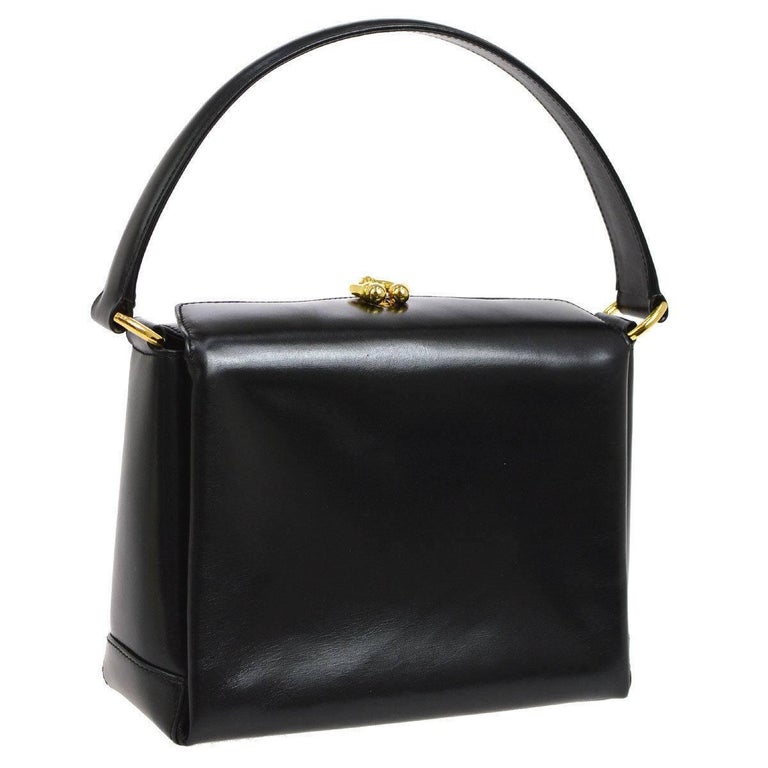Gucci Black Leather Gold Emblem Kelly Style Party Evening Top Handle ...