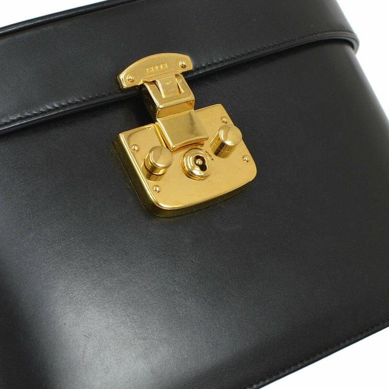 Gucci Black Leather Gold Top Handle Satchel Evening Kelly Jewelry Box ...