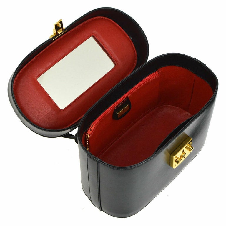 Gucci Black Leather Gold Top Handle Satchel Evening Kelly Jewelry Box ...