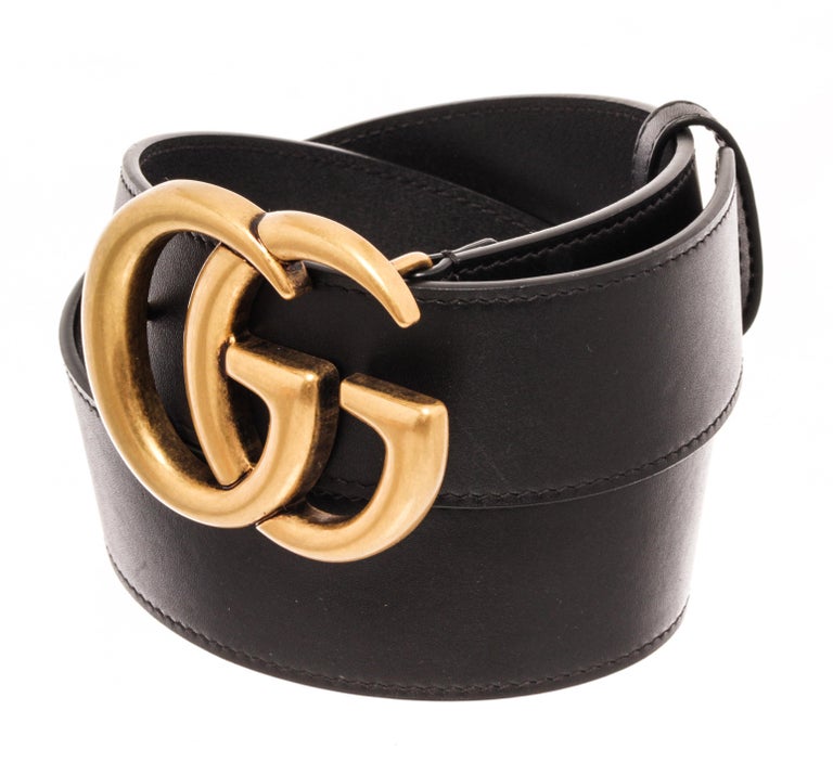 Gucci Black Leather Gold Wide Double GG Logo Belt 70 For Sale at 1stDibs