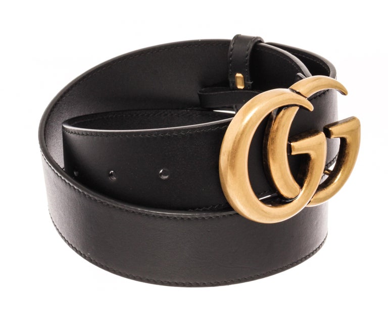 Gucci Black Leather Gold Wide Double GG Logo Belt 70 For Sale at 1stDibs