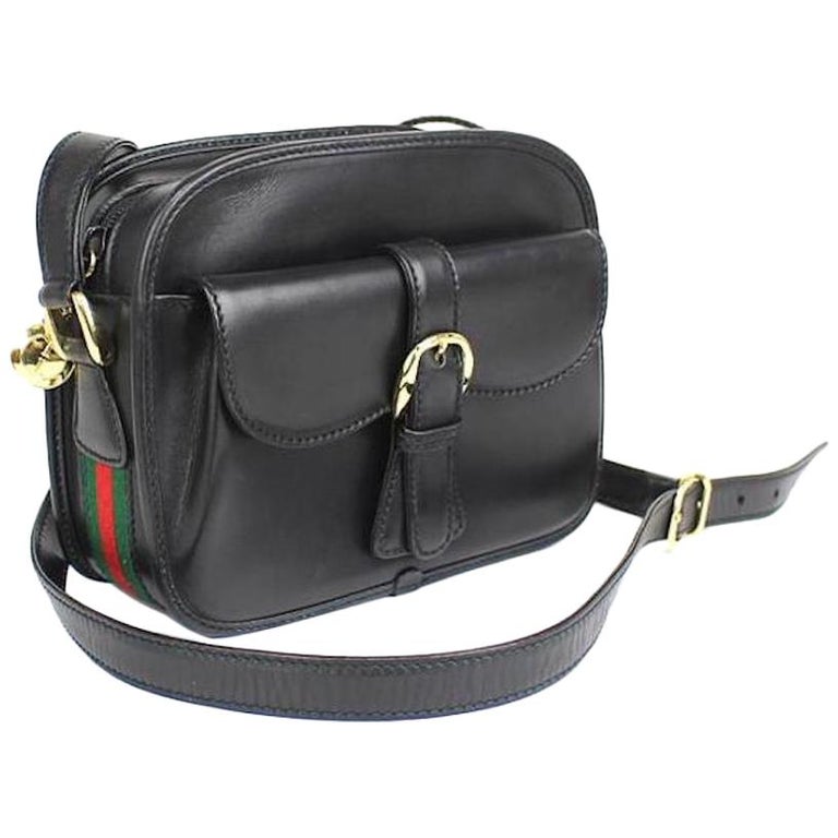 Gucci Black Leather Green Red Strip Camera Crossbody Shoulder Flap Bag ...
