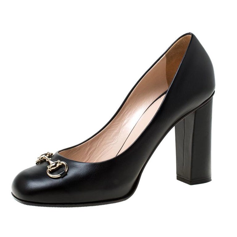 Gucci Black Leather Horsbit Block Heel Pumps Size 41 For Sale at 1stDibs