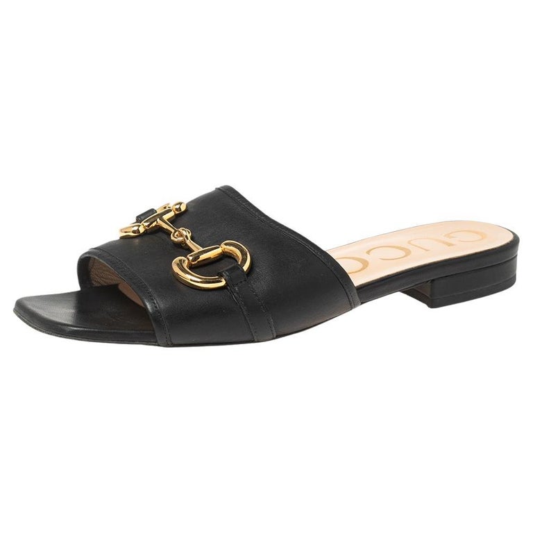 Gucci Black Leather Horsebit Flat Sandals Size 37 at 1stDibs